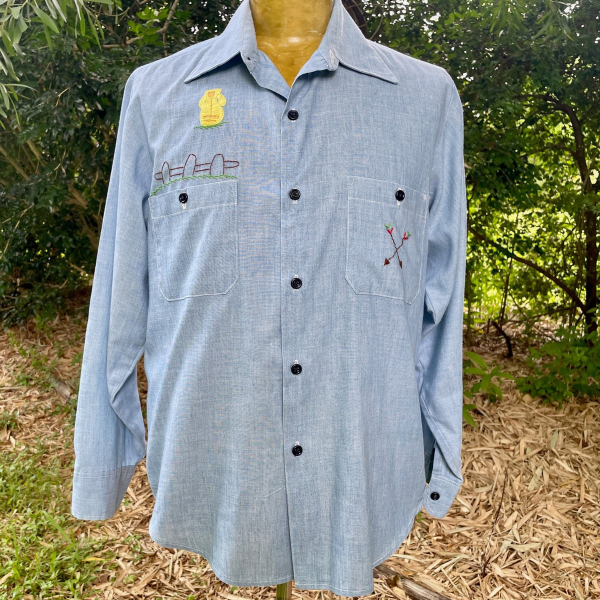 1970's Vintage Handmade Embroidered Stage Coach Cowboy Horse Denim Shi ...