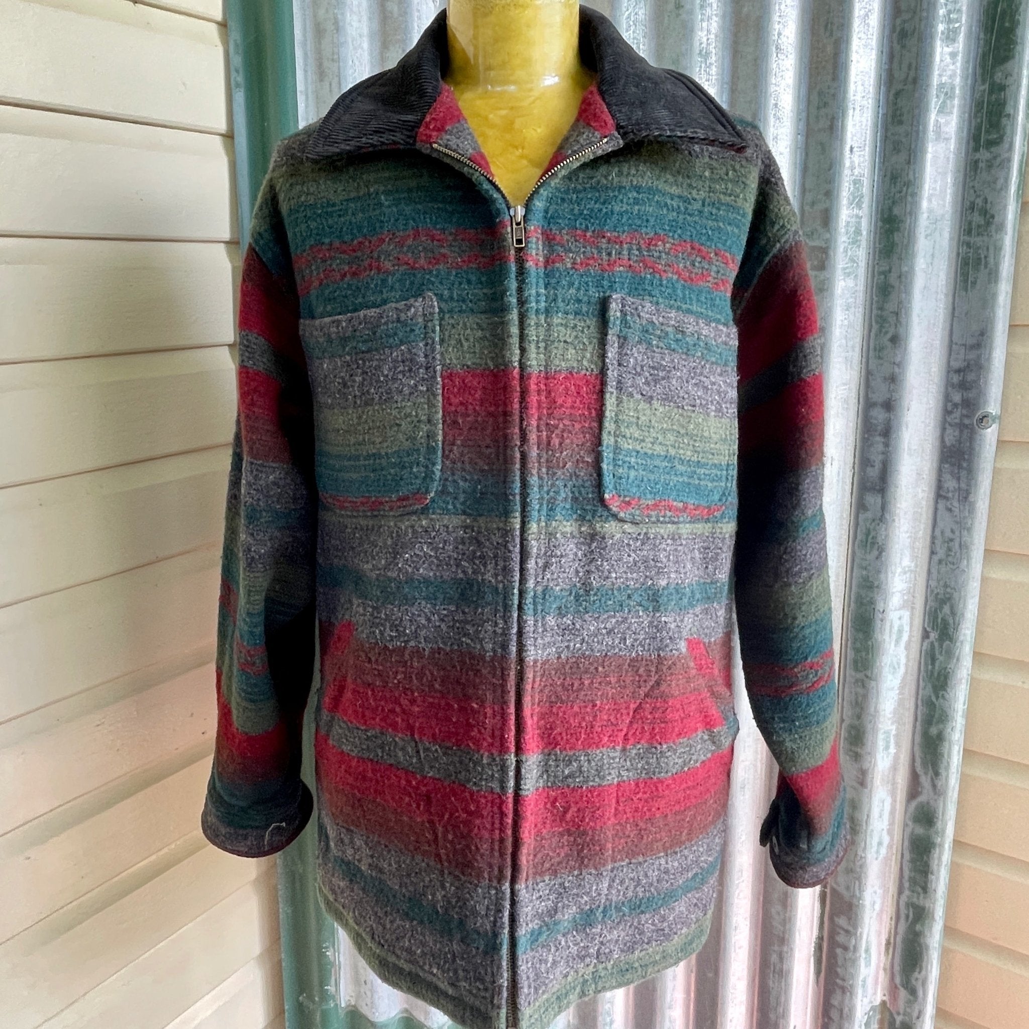 1990's Vintage Woolrich Wool Jacket Striped Design Blue Red Sz L - OOA – Phoenix Menswear